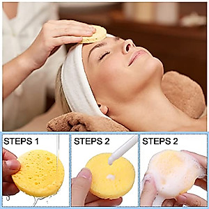 Spa Facial Set: 10 Headbands, 50 Compressed Sponges, 10 Fan Brushes - White Towel Head Wrap for Face Wash, Mask Application, and Makeup Removal