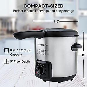 OVENTE Electric Deep Fryer 0.9 Liter Capacity, 840W Power with Locking Lid, Removable Stainless Steel Frying Basket, Adjustable Temperature Knob, Cool Touch Handles and Easy to Clean, Silver FDM1091BR