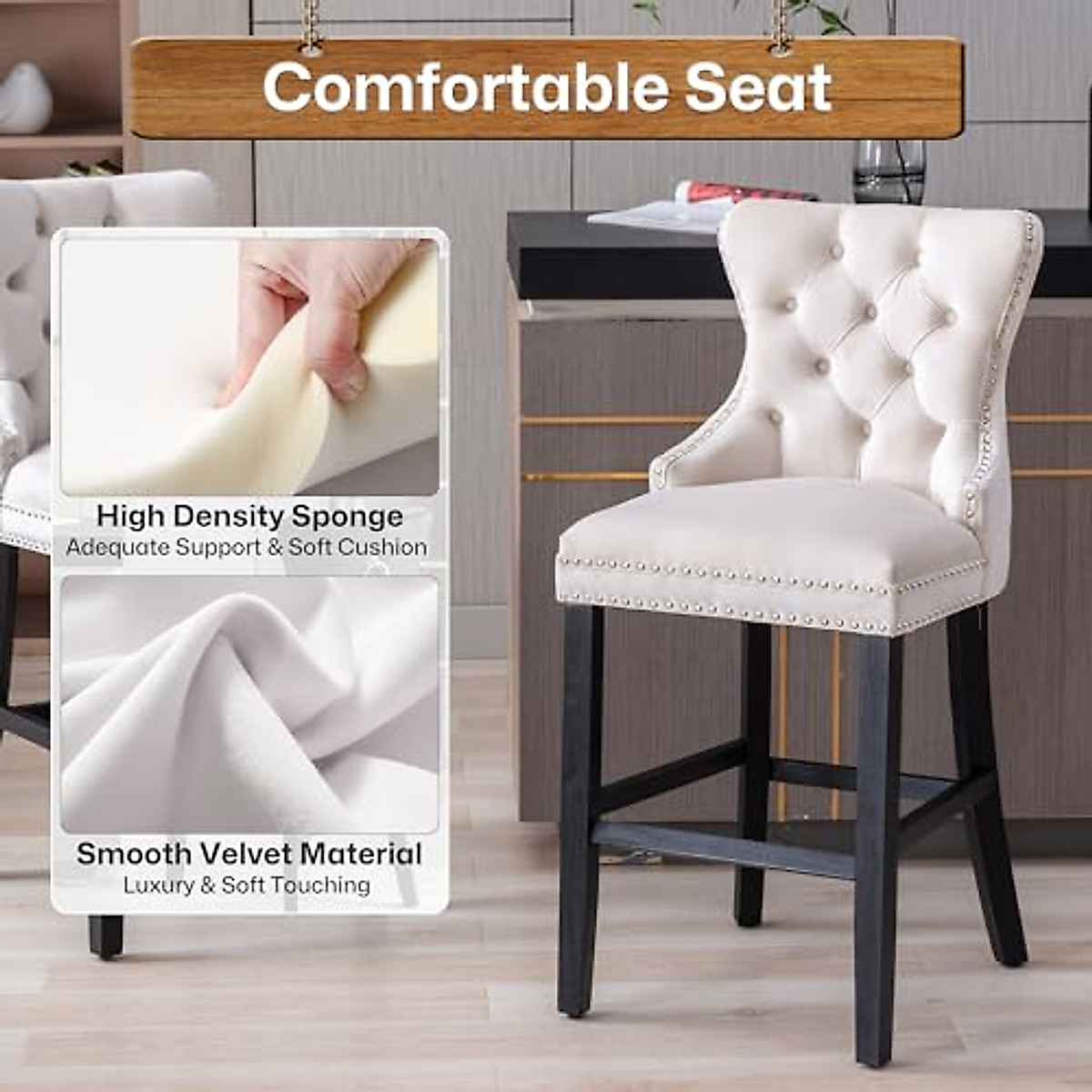 GOOLON Bar Stools Set of 2, Velvet 26 Inch Seat Height Counter Height Barstools with Back, Rivet Trim Bar Chairs for Kitchen Island Metal Pull Ring Wood Legs, Beige