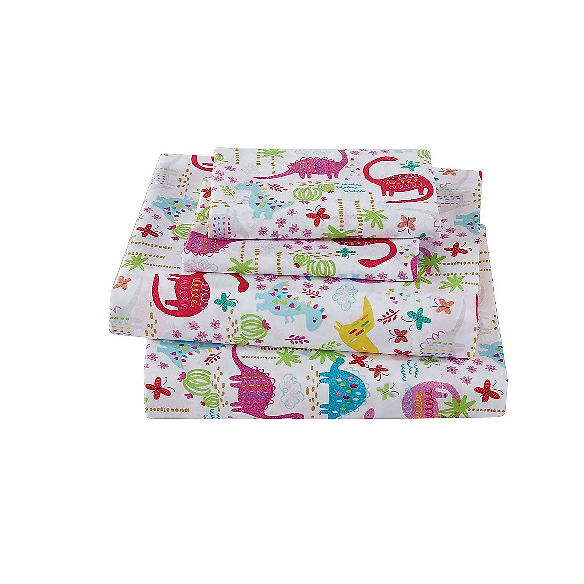 Linen Plus Sheet Set for Girls Dinosaur Pink White Red Purple Yellow Dinosaurs Jurassic Flat Sheet Fitted Sheet and Pillow Case Crib Size New