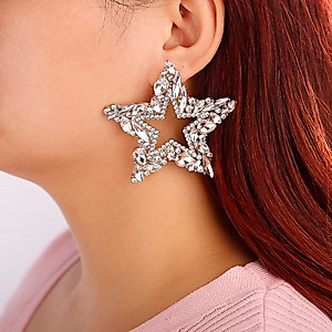 Denifery Fashion Star Stud Earrings Full Crystal Rhinestone Star Dangle Drop Earrings Bling Sparkly Earrings for Party Wedding for Women (Silver)