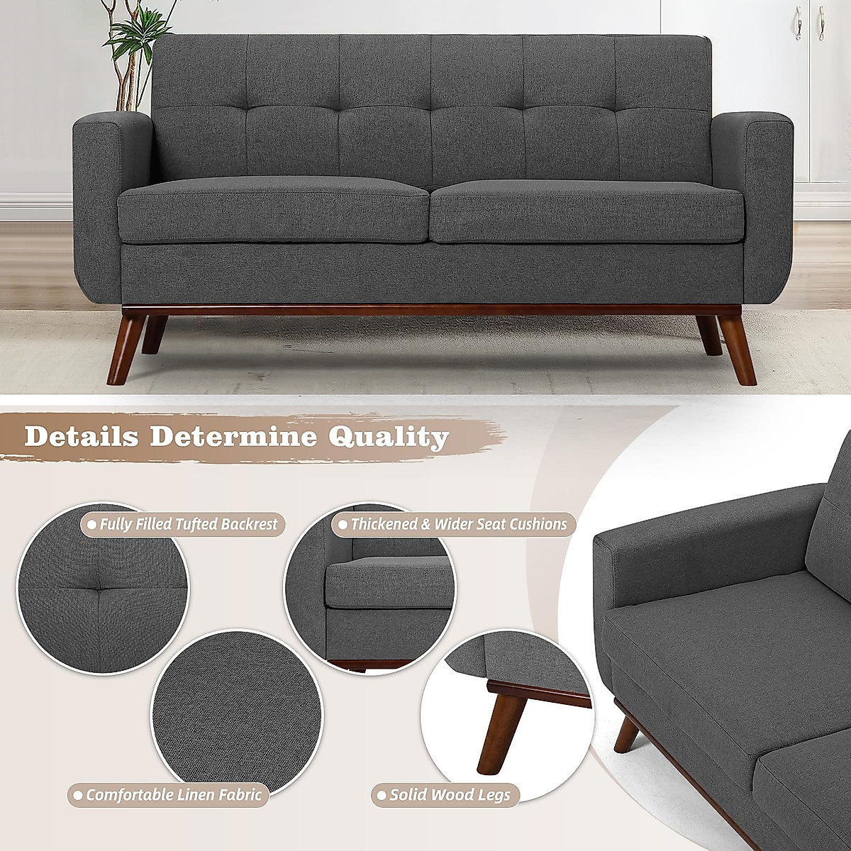 Nansiee 65" Linen Fabric Loveseat Sofa with Tufted Backrest, 2-Seat Mid Century Couch with Wooden Legs, Modern Small Sofa with Upholstered Cushions for Living Room, Bedroom, Small Spaces, Grey