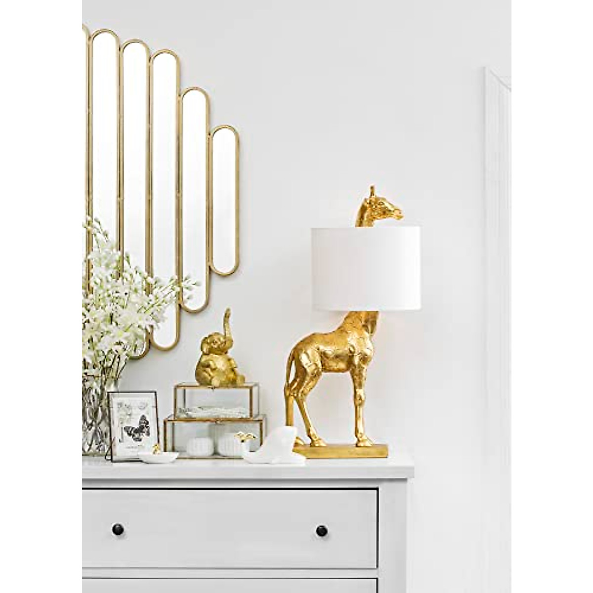 Creative Co-Op Resin Giraffe Table Lamp with Linen Shade, Distressed Gold