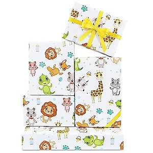 Animals Jungle Wrapping Paper for Baby Infant Boys Girls, Forest Giraffe Lion Dinosaur Pig Fox Feeder Gift Wrapping Paper Sheet with Ribbon for Baby Shower Birthday Kindergarten Newborn Children Kids