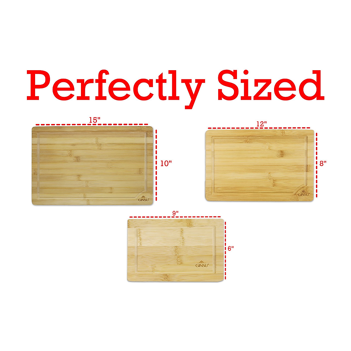 Ginsu Cutting Board Set – 3Pcs Bamboo Cutting Board for Chopping, Slicing, Dicing – Heavy Duty Butcher Block Countertop Household Supplies – Protects Cooking Surface, Knife Blade