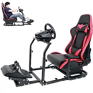 Minneer Racing Simulator Cockpit with Racing Seat V2 Support Game Support Stand Up Simulation Driving Bracket for Logitech G29,G27,G25, G923 Racing Steering Wheel Stand Without Wheel and Pedals (RED)