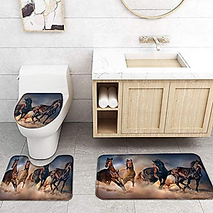 FAMILYDECOR 4 Piece Shower Curtain Sets with Non-Slip Rug, Toilet Lid Cover and Bath Mat, Horses Galloping Fast on The Ground Shower Curtain with Hooks, Durable Waterproof Bath Curtain 36x72 Inch