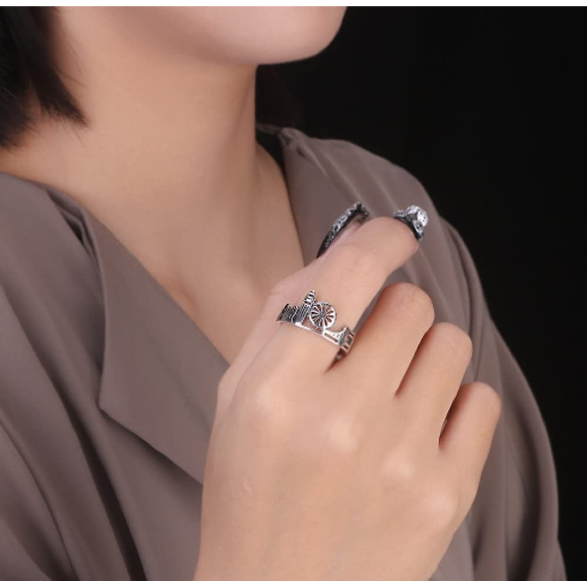 HUKQBUNX 925 Sterling Silver Exquisite Unique City Castle Sky City Punk Art Geometric Gear Crown Ring Lady Fresh Ring Opening Adjustment