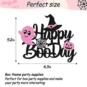 Happy Boo Day Cake Topper Pink and Black Halloween Cake Decoration Halloween Ghost Witches Bat Spider Pumpkin Theme for Kids Girl Birthday Baby Shower Party Supplies