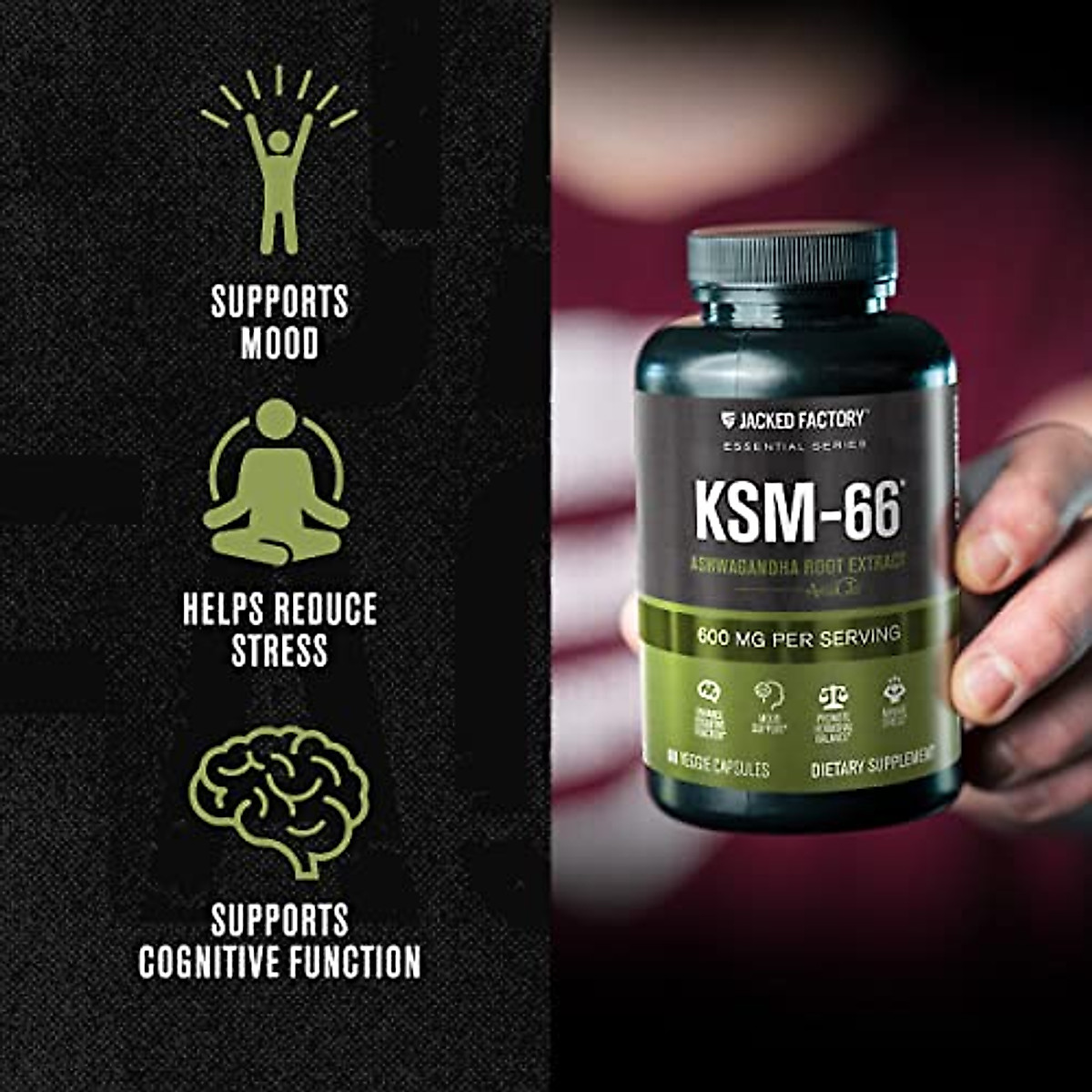 Ashwagandha Root Extract (KSM-66 Ashwagandha) w/ 5% Withanolides - Supplement for Natural Stress Relief, Cognitive Function, Vitality, and Mood Support - 60 Veggie Capsules