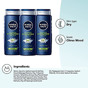 NIVEA MEN Maximum Hydration Body Wash, Aloe Vera Body Wash for Dry Skin, 16.9 Fl Oz (Pack of 3)