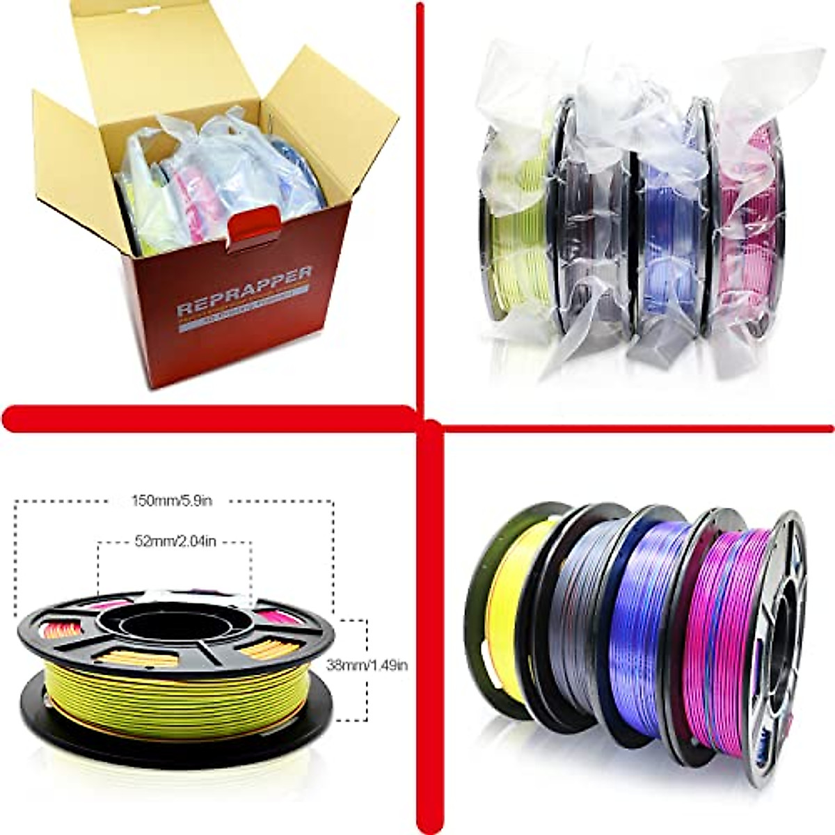 Reprapper 4X 250g Color Pack, Triple Color Filament Coextrusion PLA Filament 1.75mm for 3D Printer & 3D Pen, 4 Spools Silk Rose/Blue/Green, Red/Blue/Gold, Green/Blue/Yellow, Gold/Copper/Black