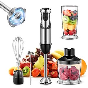5-in-1 Hand Immersion Blender, 1000W Handheld Blender, Copper Motor Stainless Steel Blade Stick Blender, Mixing Beaker, Food Processor, Whisk, Milk Frother, for Smoothies Puree Baby Food (Black)
