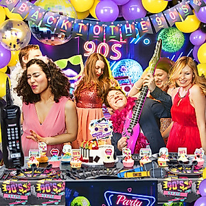 HJINGY 90s Party Decorations 80's 90's Theme Party Bundle includes Inflatable Gitar&Mobile Phone, Back To The 90's Banner, Tablecloth, Cake Toppers, Plates, Napkins, Hip-Hop Backdrop