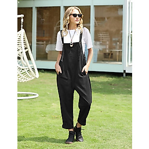YESNO Women Casual Loose Bib Pants Overalls Baggy Cotton Harem Jumpsuits Rompers with Pockets PV2 (L PV2 Black)
