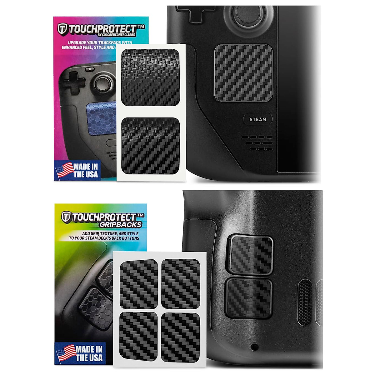 TouchProtect Steam Deck Grip Kit - Front touchpad and back button skin set. Steam Deck accessory bundle. (Carbon Fiber Black)