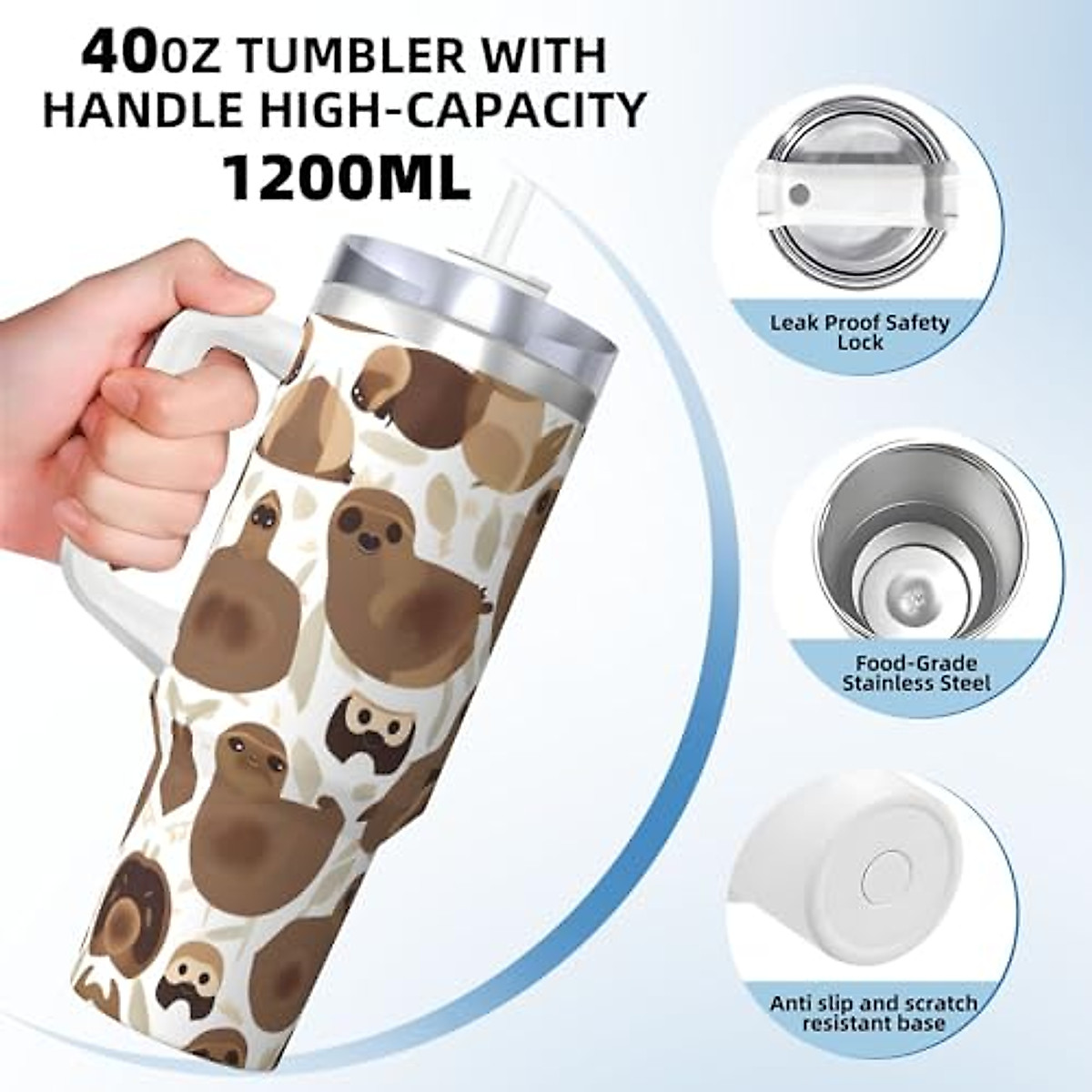 HULIBIN Brown Sloth Print Double Deck Stainless Steel Travel Coffee Cup With Lid 40 Oz Ice Bully Cup