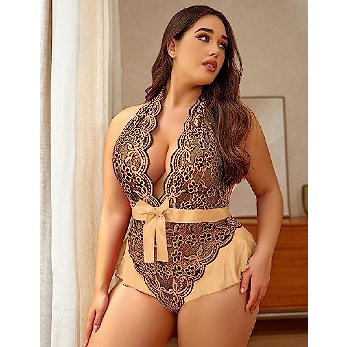Avidlove Plus Size Teddy Lingerie for Women Lace Bodysuit Sexy Babydoll Black Skin 22W