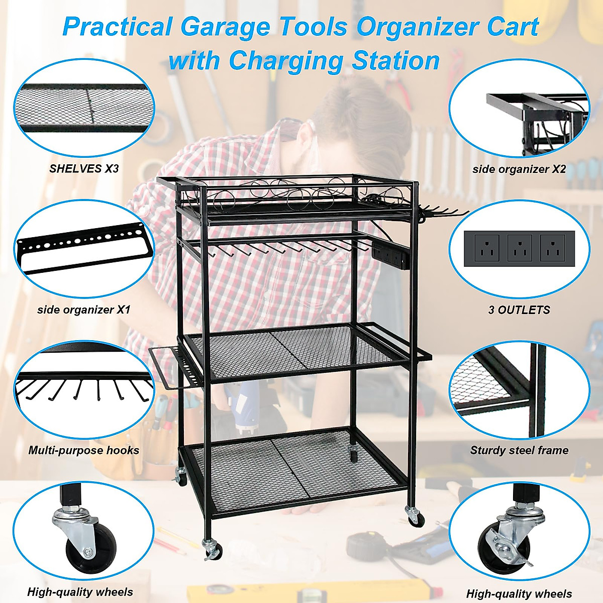 AQNIEGEP Power Tool Organizer Cart with 3 Charging Station, Garage Rolling Tool Storage Cart, Mobile Tool Cart with Wheels, Garage Workshop Gift Ideas for Dad Men Black