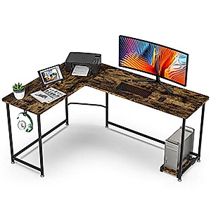 HABILY Modern L-Shaped Home Office Desk with Storage, Corner Desk for Small Space Writing PC Laptop Table Desk Workstation with Cable Management Box and Headphone Hook