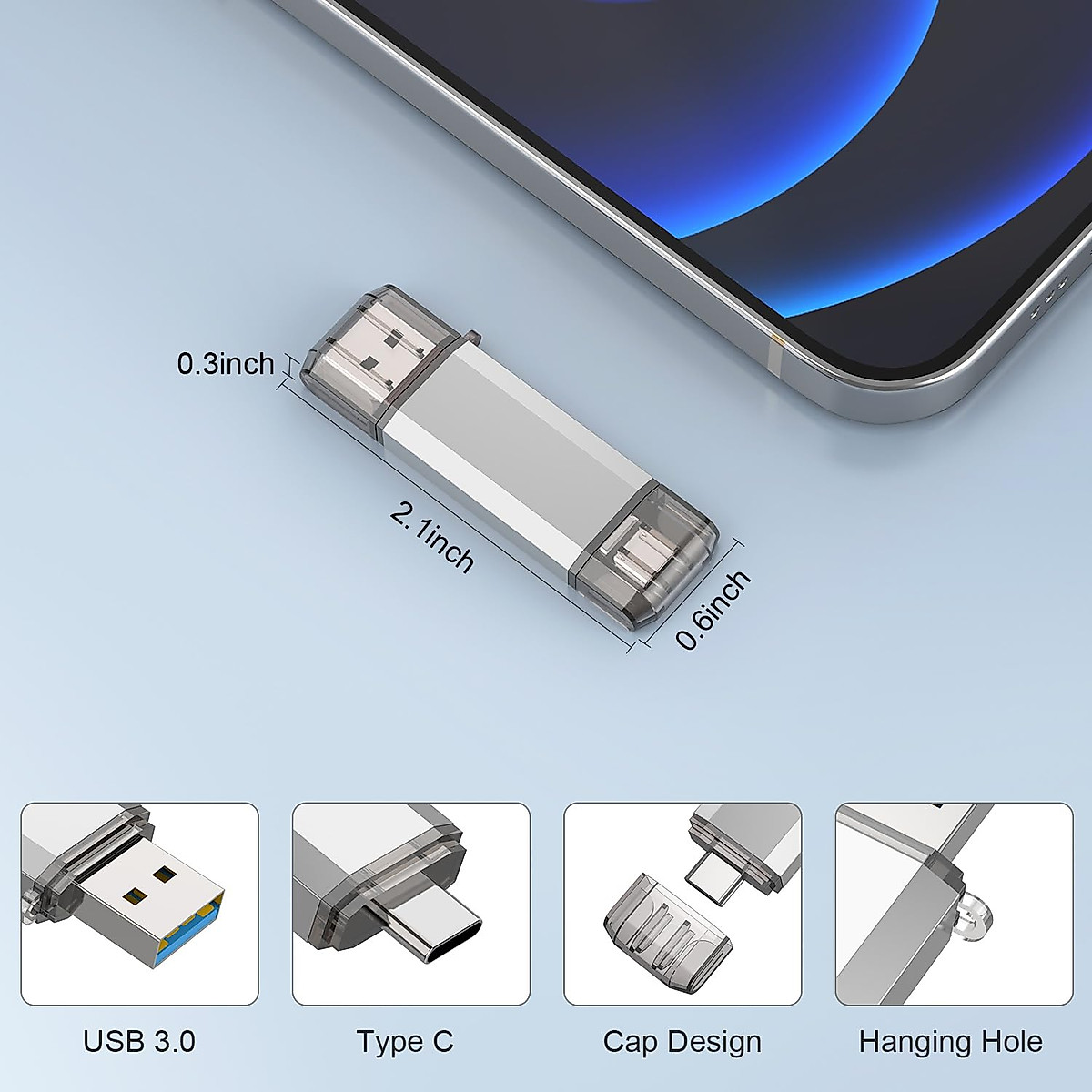 RAOYI 128GB USB C Flash Drive, 2 in 1 USB 3.0 Type C Dual OTG Metal Thumb Drive Jump Drive Memory Stick with Keychain Suitable for USB-C Smartphones, MacBook, Computers and Tablets (Silver)
