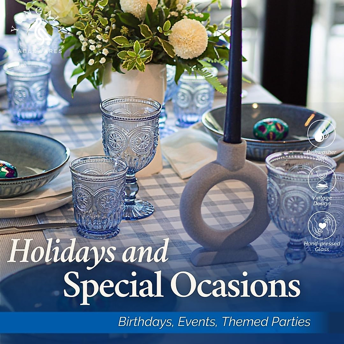 Yungala Blue Glassware set of 6 small dishwasher safe colored glasses, Blue glass cups, matching highball and wine glasses available