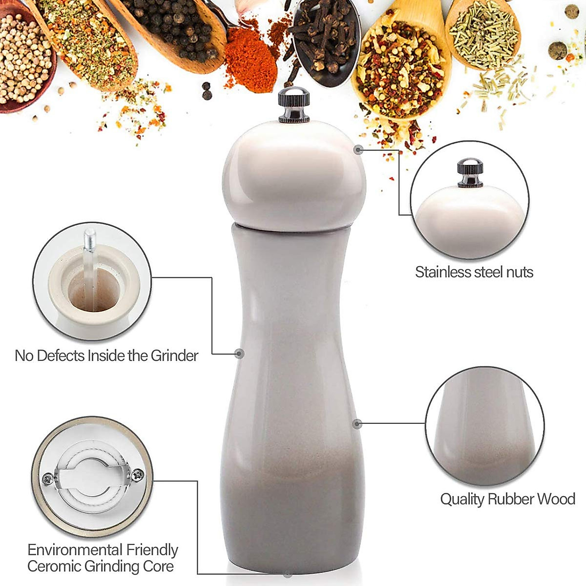 Pepper Grinder, Salt and Pepper Grinder, Salt Grinder, Elegant Wood Salt and Pepper Mill, Ceramic Grinder Core, Refillable Manual Spice Mill Adjustable Coarseness Salt Pepper Grinder