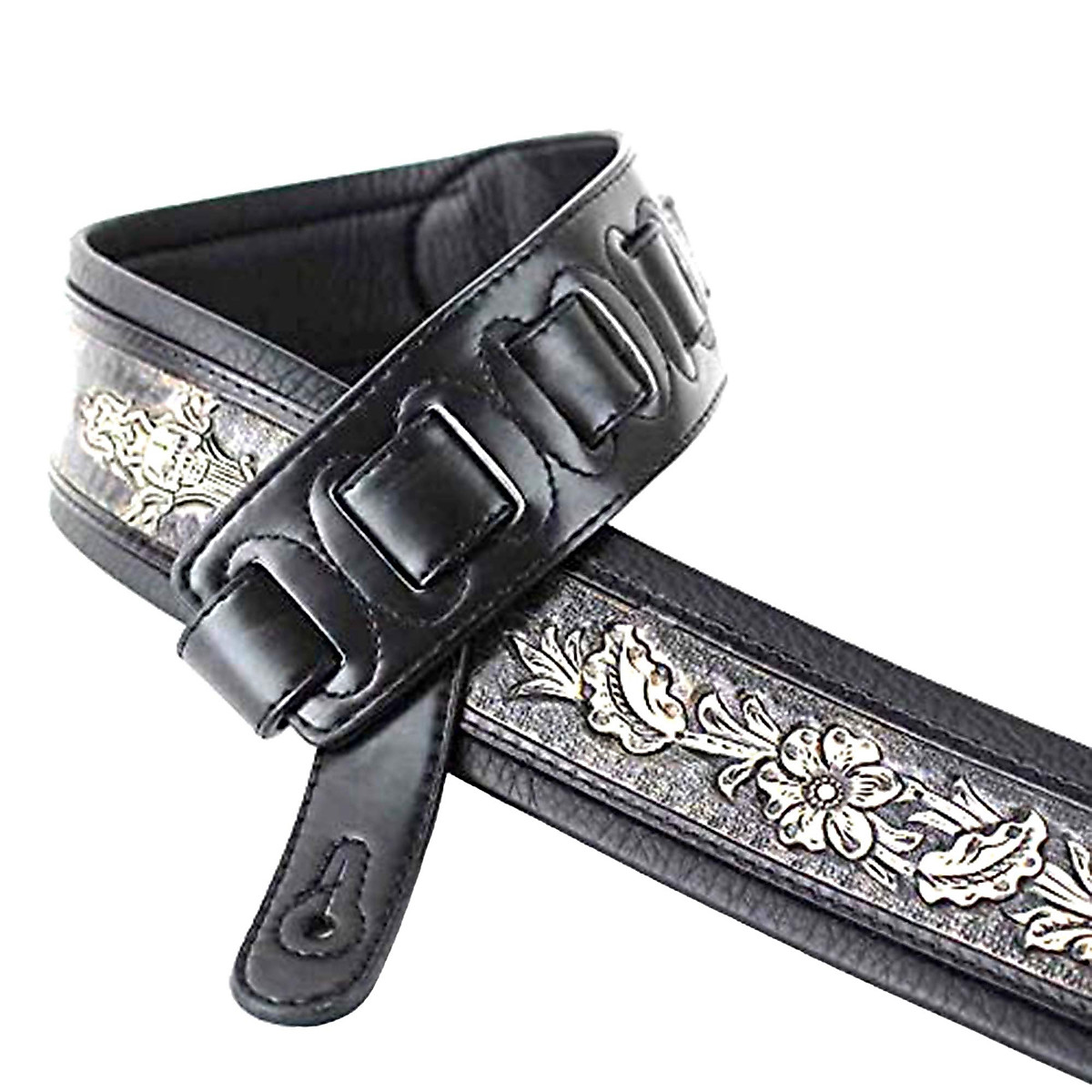 Walker and Williams KB-02-BLK Handmade Distressed Black Carving Leather Padded Guitar Strap With Floral Skull & Christian Cross For Acoustic, Electric And Bass Guitars