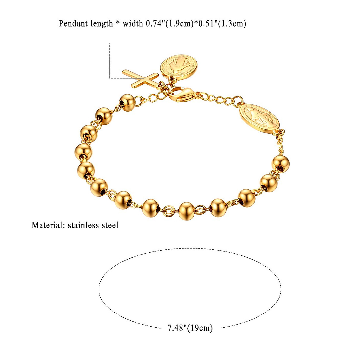 Rofusn Cross Rosary Beads Bracelet, Stainless Steel Jesus Christ Crucifix Cross Wristband for Men Women Wedding-Gold