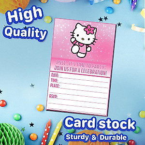 Set of 20 Cute Pink Cat Term or Description -Themed Happy Birthday Invitation Cards & Envelopes - Lightweight (240g), Postcard Style Invites for the Perfect Party Pack