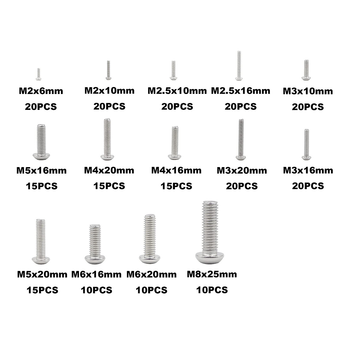 MCMASKE Metric M2 M2.5 M3 M4 M5 M6 M8 304 Stainless Steel Button Head Socket Cap Screws Assortment Kit