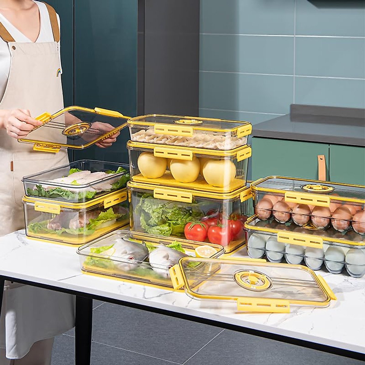 GHAZAL 8 Piece Fridge Organizer Set - Stackable Bins (Large & Small) with Egg Tray, Ghazal_fridge_containers2004-00