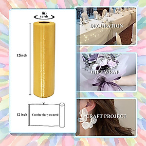 Gold Tulle Crystal Organza Fabric Rolls 12 Inch by 50 Yards (150 feet) Sheer Fabric for Christmas Decoration DIY Tutu Bow Baby Shower Birthday Party Wedding Craft Supplies