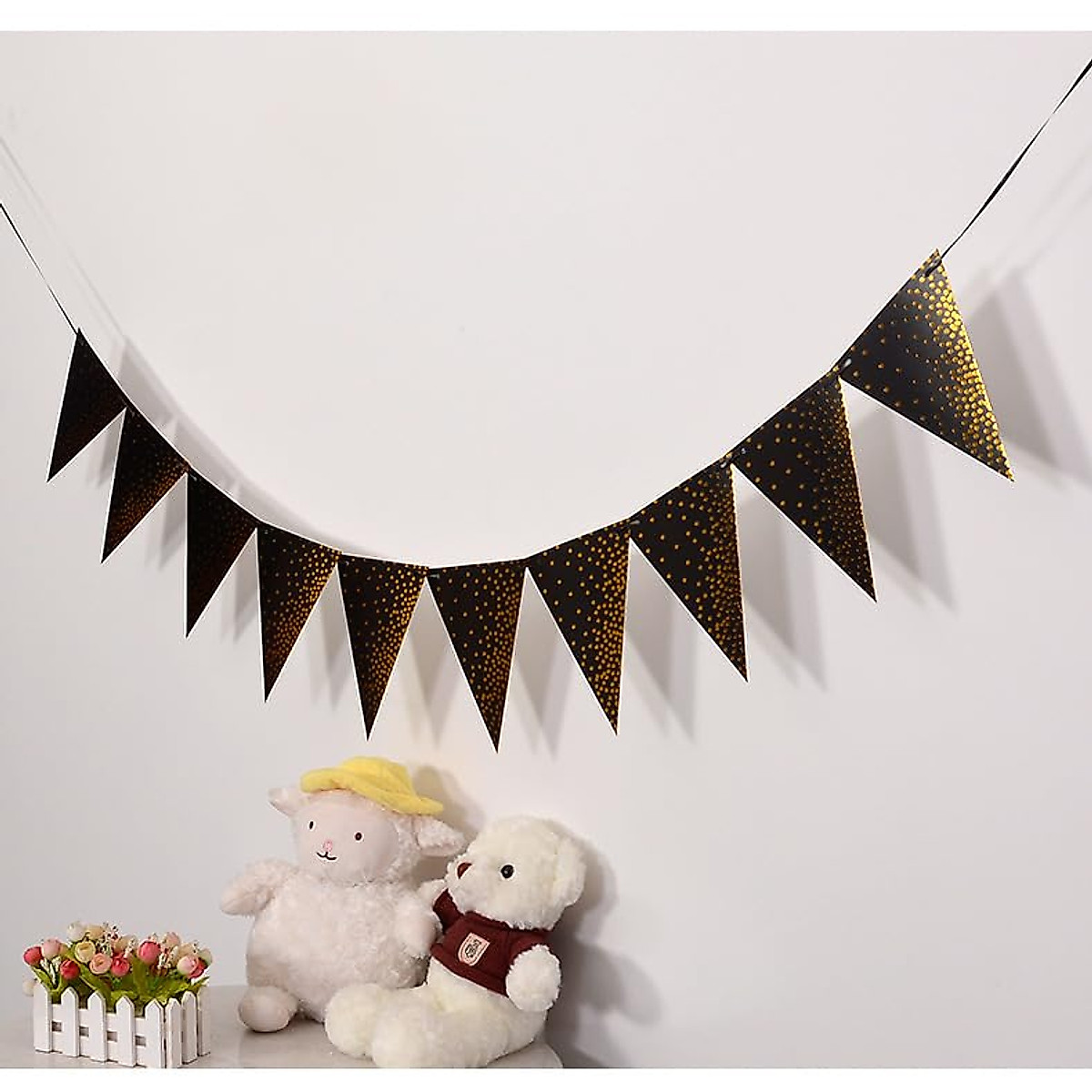 Kiorevy Black Gold 32 Feet Glittering Dots Triangle Pennant Banner Paper Triangle Flags Bunting Garland Streamer for Birthday Graduation Baby Shower Wedding Bachelorette Party Decorations Supplies