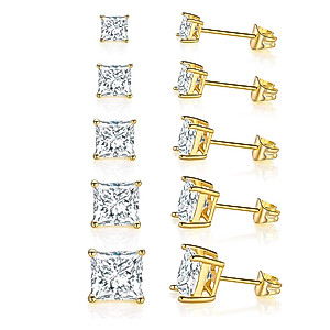 GEMSME 18K Gold Plated Princess Cut Clear Cubic Zirconia Stud Earrings Pack of 5 (gold)