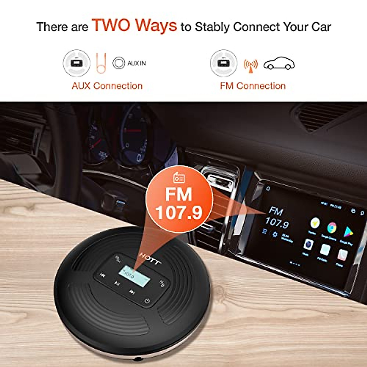 HOTT CD903TF Portable CD Player for Car with Bluetooth FM Transmitter，Rechargeable Touch Button Backlight Display Black