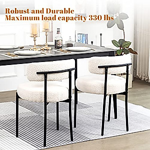 DYHOME White Dining Chairs Set of 2, Mid-Century Modern Dining Chairs, Kitchen Dining Room Chairs, Curved Backrest Round Upholstered Boucle Dining Chair with Black Metal Legs