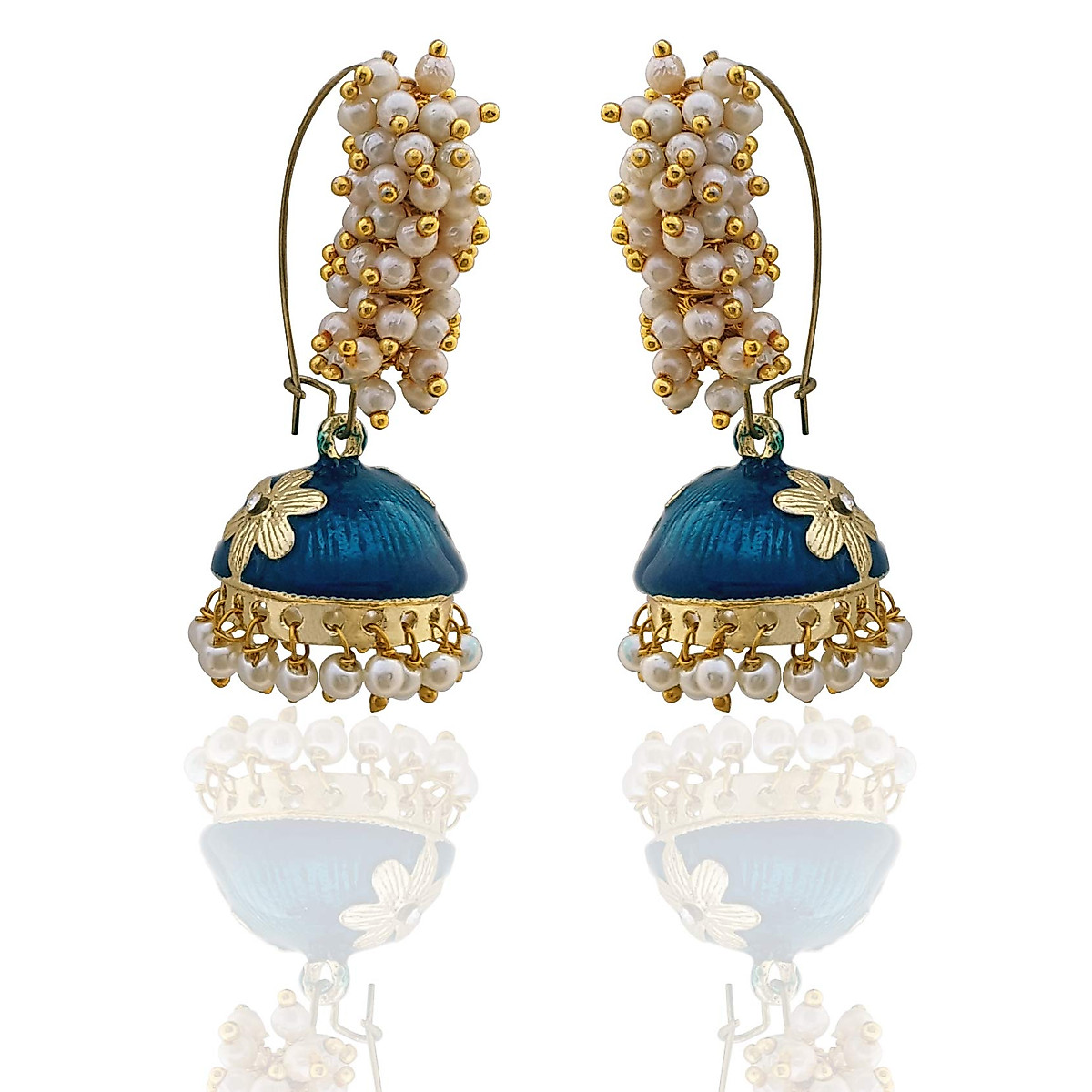 Moonstruck Golden Meenakari Jhumkas With White Pearls For Women (Blue)