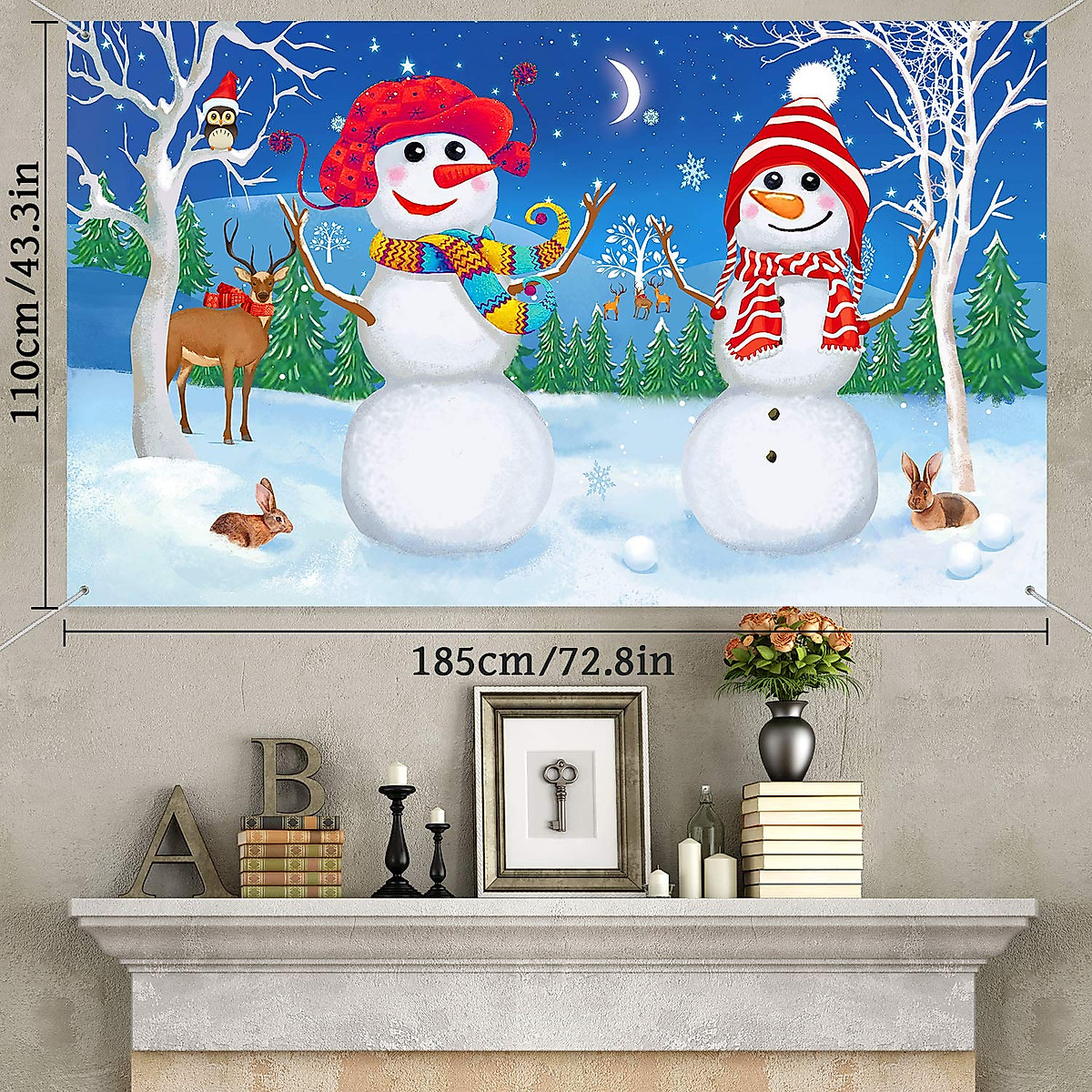 Blulu Christmas Backdrop Banner Winter Snowman Background for Photography Xmas Snow Scene Happy New Year Eve Backdrop Banner Prop for Family Friend Party Wall Holiday Decoration 72.8 x 43.3 Inches