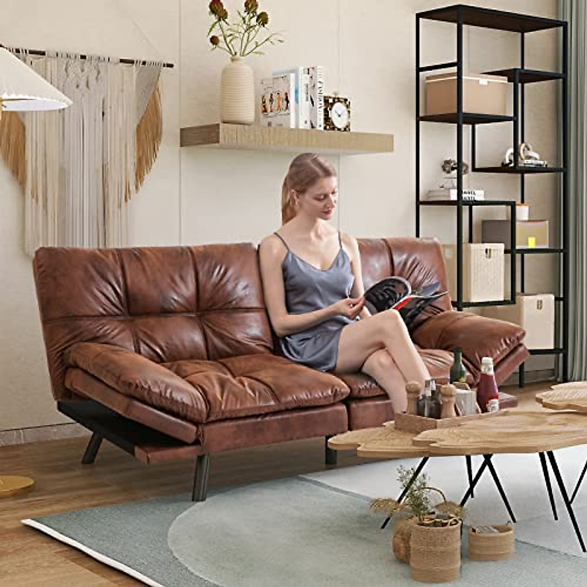 Opoiar Futon Memory Foam Couch Bed with Mattress and Frame Included,Comfortable Faxu Loveseat Sleeper Sofa for Dorm Apartment Office College Small Space Bedroom RV Living Room, Brown Leather