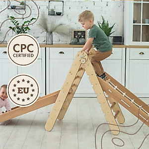 Set 3 in 1 Wooden Triangle Ladder + Climbing Net + Board Slide with Ramp, Montessori Play Gym for Toddlers - Kids Indoor Playground, Aged 6 Months to 7 Years