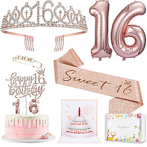 8pcs Sweet 16 Birthday Decorations for Girls, Including 16th Happy Birthday Cake Toppers, Birthday Queen Sash with Pearl Pin, Sweet Rhinestone Tiara Crown, Number Candles and Balloons Set, Rose Gold