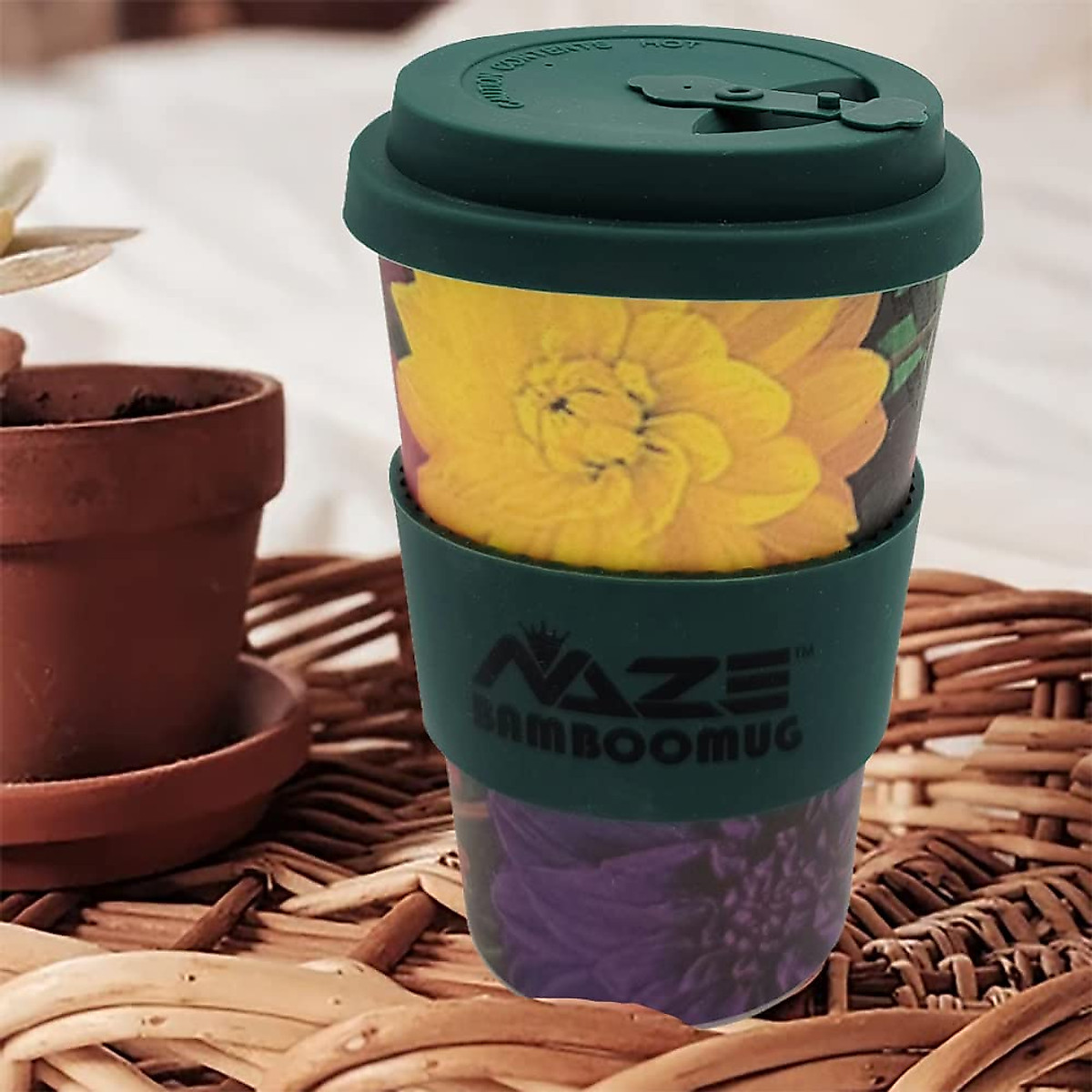 NAZE Eco-Friendly Bamboo Cup Natural Organic Bamboo Fiber Travel Mug, Reusable Coffee Cup, with Silicone Lid & Sleeve, Horse Print Bamboo Travel Cup For Coffee Tea or Milk. Pack of 1 Bamboo Mug