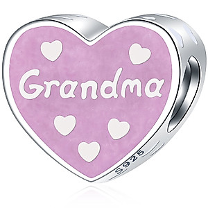 Grandma Heart Charms, 925 Sterling Silver I Love You Grandmother Grandmom Beads with Pearl Pink Enamel, fits Pandora Mothers Day Bracelet, Gifts for Nonna/Abuela/Babcia