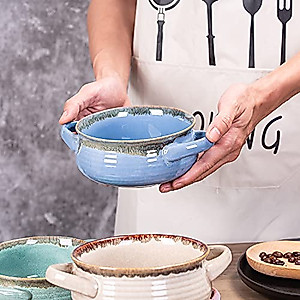 Cutiset 20 Ounce Fancy Glazed Ceramic Soup Bowls with Handles,for French Onion, Soup, Chili, Set of 4