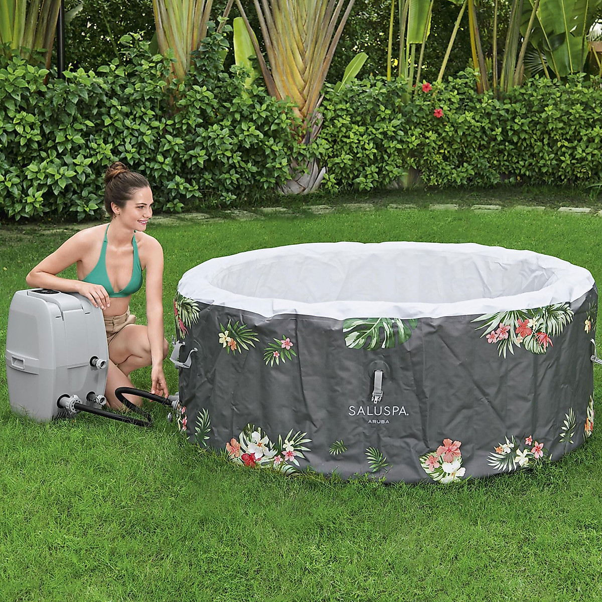 Bestway SaluSpa Aruba AirJet 2 to 3 Person Inflatable Hot Tub Round Portable Outdoor Spa with 110 Soothing Jets and Cover, Gray