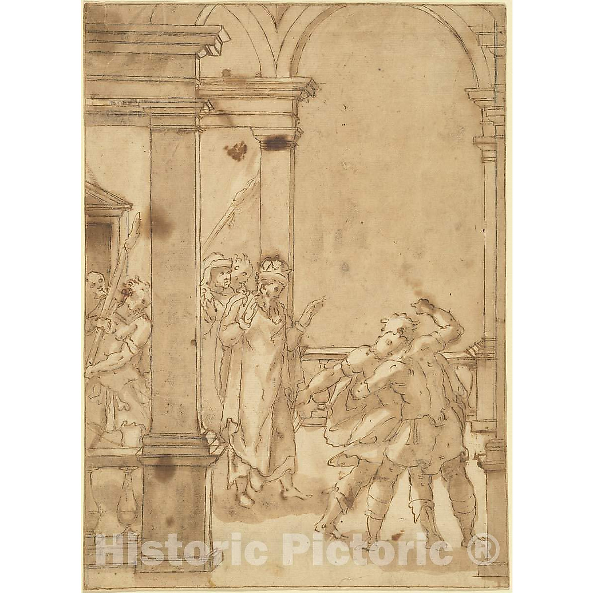Art Print : Cesare Nebbia, Two Figures Struggling Before a King, c.1568, Historic Wall Décor : 24in x 32in