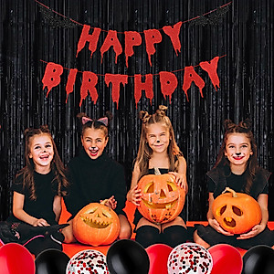 Red Black Happy Birthday Glittery Halloween Banner Black Foil Curtains Backdrop 3D Bat Sticker Latex Balloons Confetti Balloon for Birthday Party Decoration Halloween Party Supplies