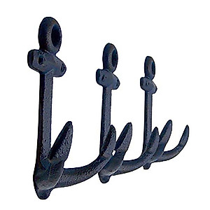 Wowser Nautical Cast Iron Ship Anchor Wall Hooks, 6 Inches, Set of 3 (Blue)