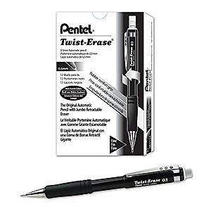 Pentel Twist-Erase III Mechanical Pencil ,0.5mm , Black Barrel, 12 Pack (QE515A)